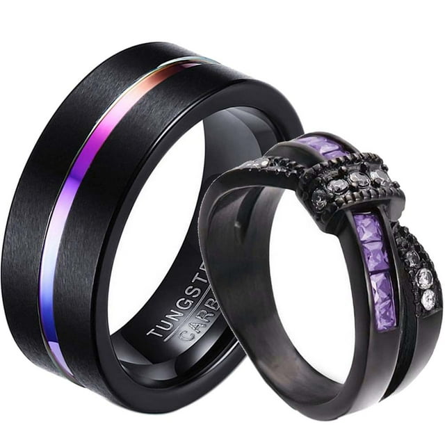 Matching Rings Couple Ring Black Gold Plated 1CT Purple CZ Women ...