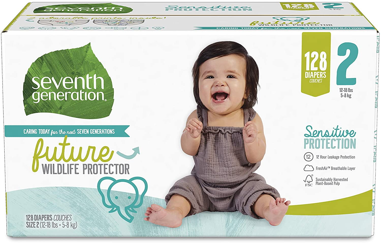 Seventh Generation Baby Diapers, Size 2, 128 Count, Giant Pack, for ...