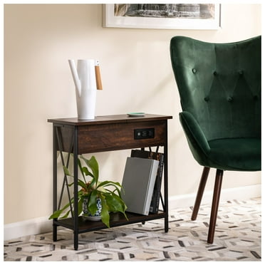 DecorTech Industrial Rectangular Wood Console Table with AC Power and ...