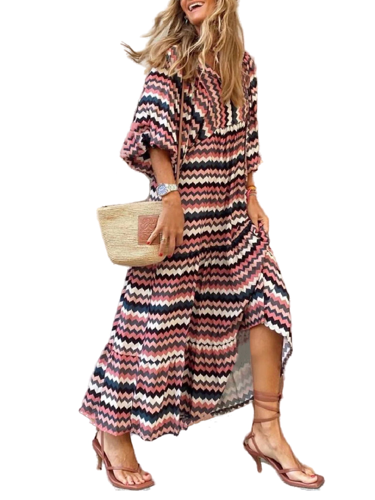 Licupiee Women Boho Floral Puff Sleeve Tiered Maxi Dress Casual Layered ...