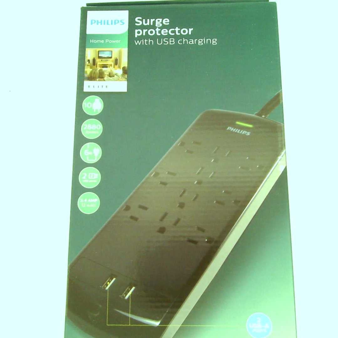 Philips 10-Outlet 2 USB Port Surge Protector with 6ft Extension Cord ...