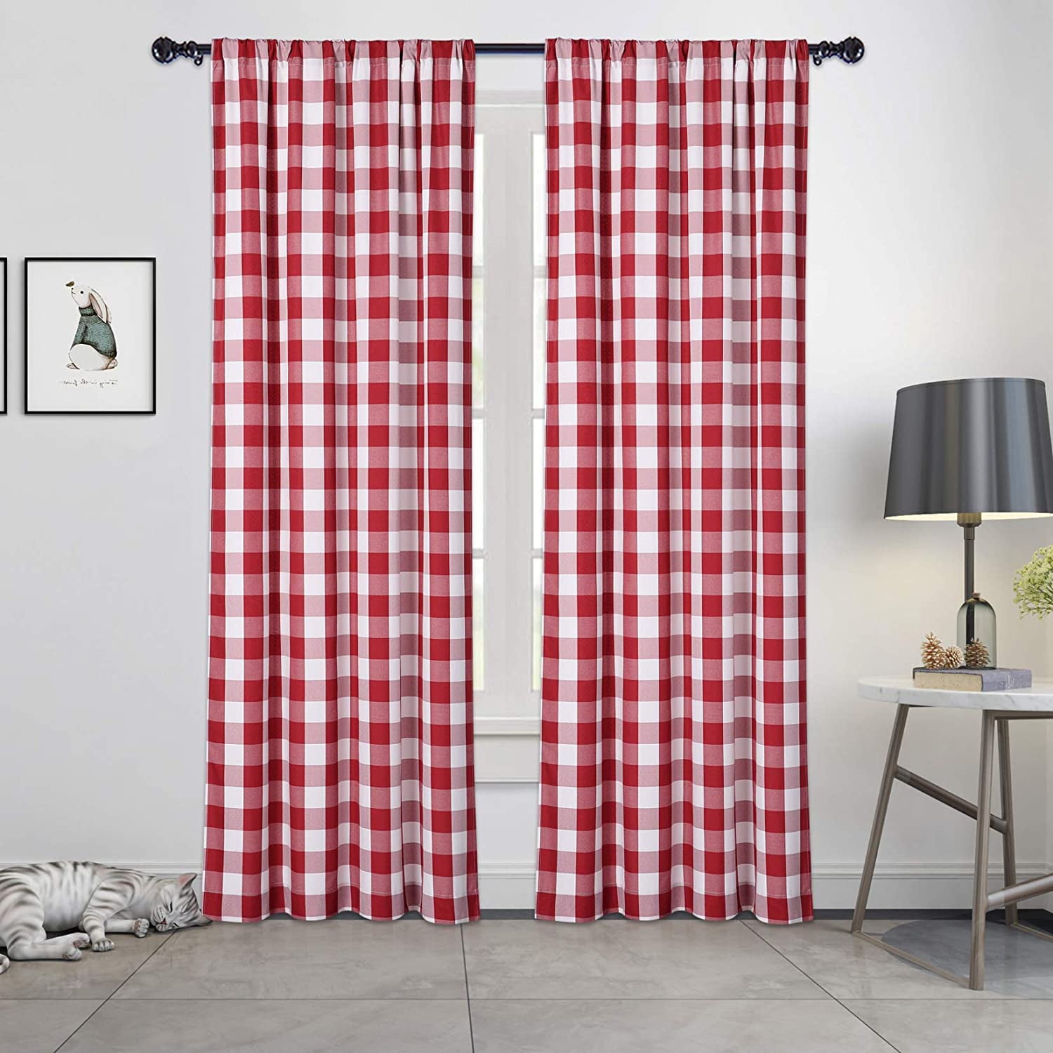 Coolmee Red/White Checkered Blackout Window Curtain for Living Room Rod ...
