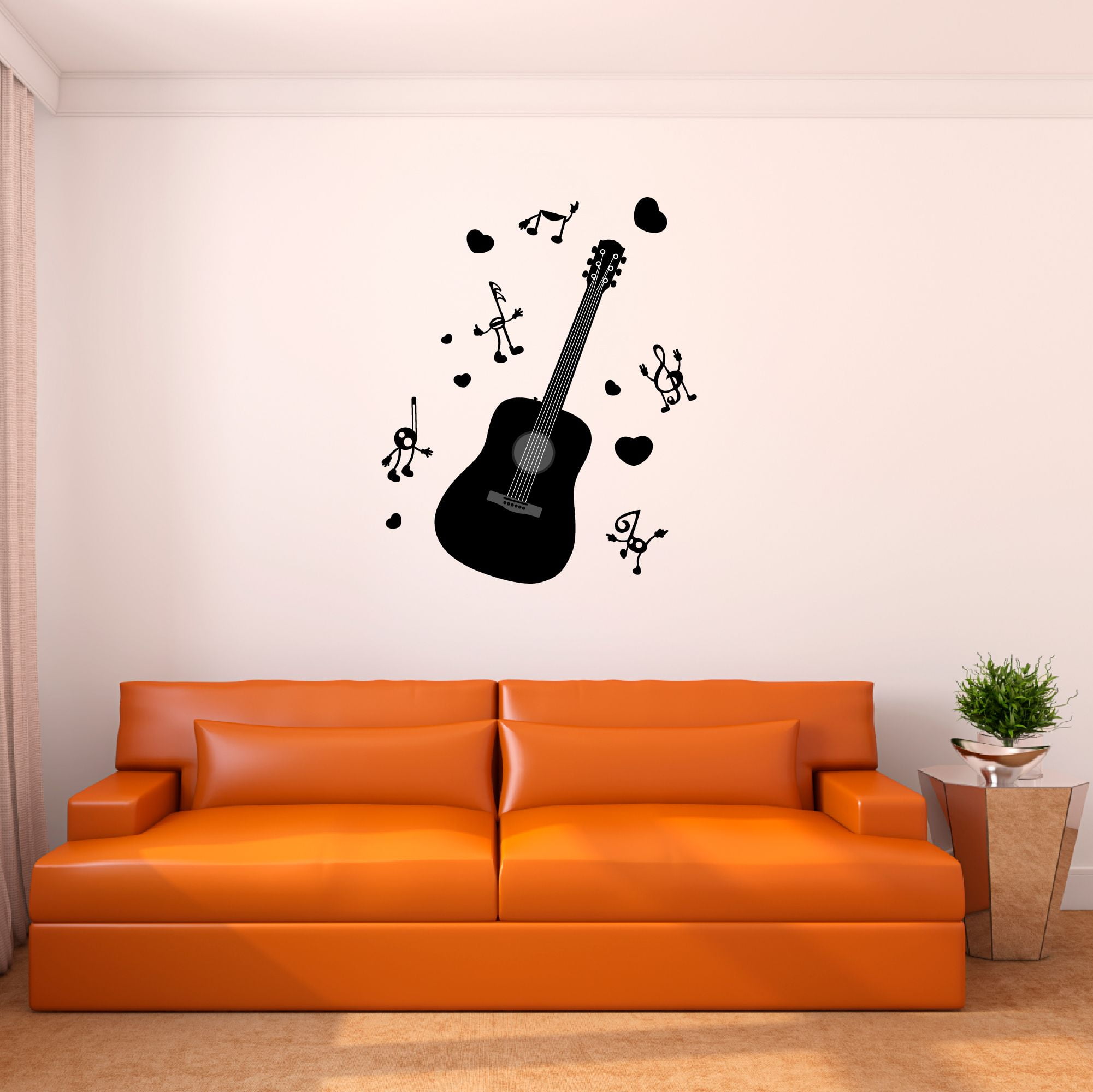 Music Wall Decal Guitar with Dancing Music Notes Bedroom Wall Decal for ...