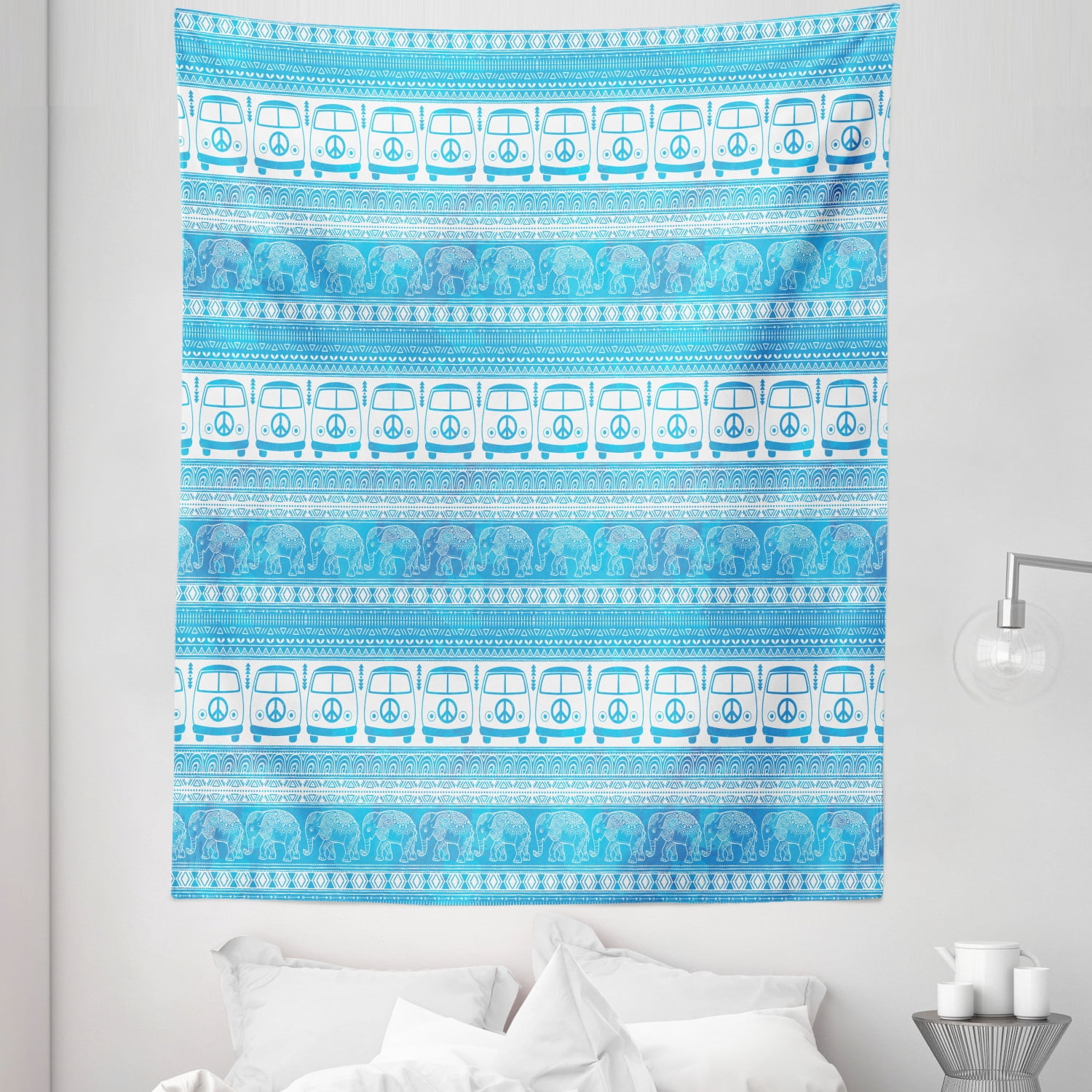 Hippie Tapestry, 60s 70s Woodstock Theme Minivans with Peace Signs ...