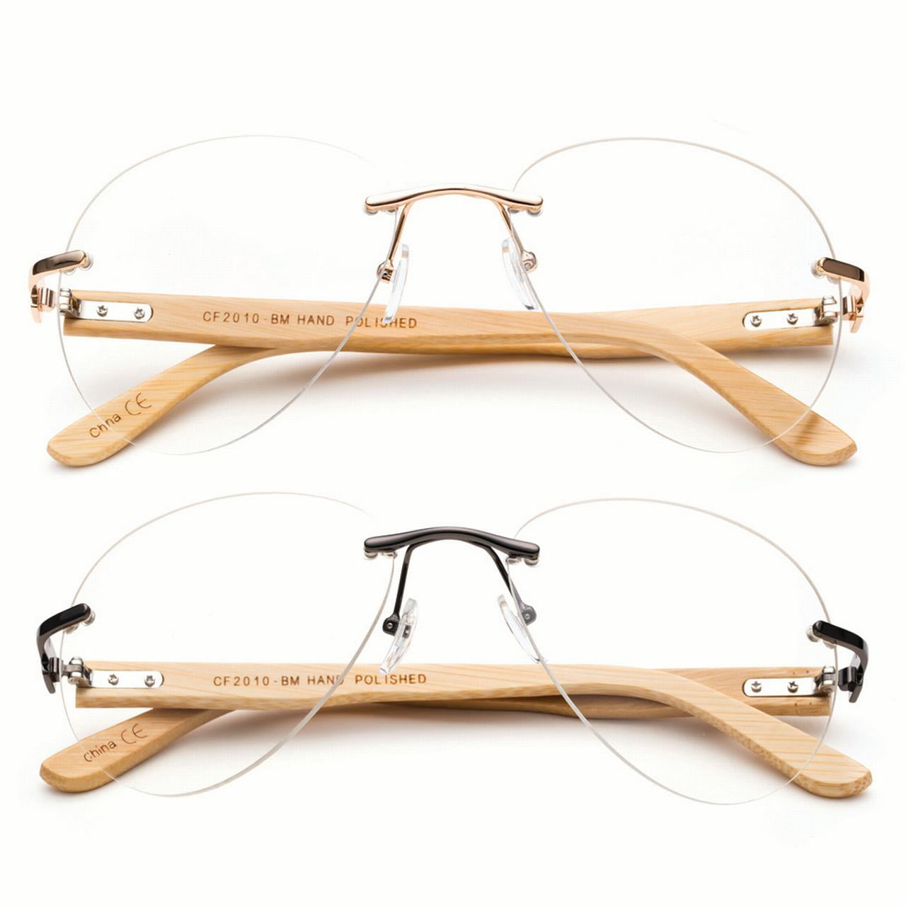 Aviator Clear Lens Glasses with Bamboo Temple Oversized Frameless Clear ...
