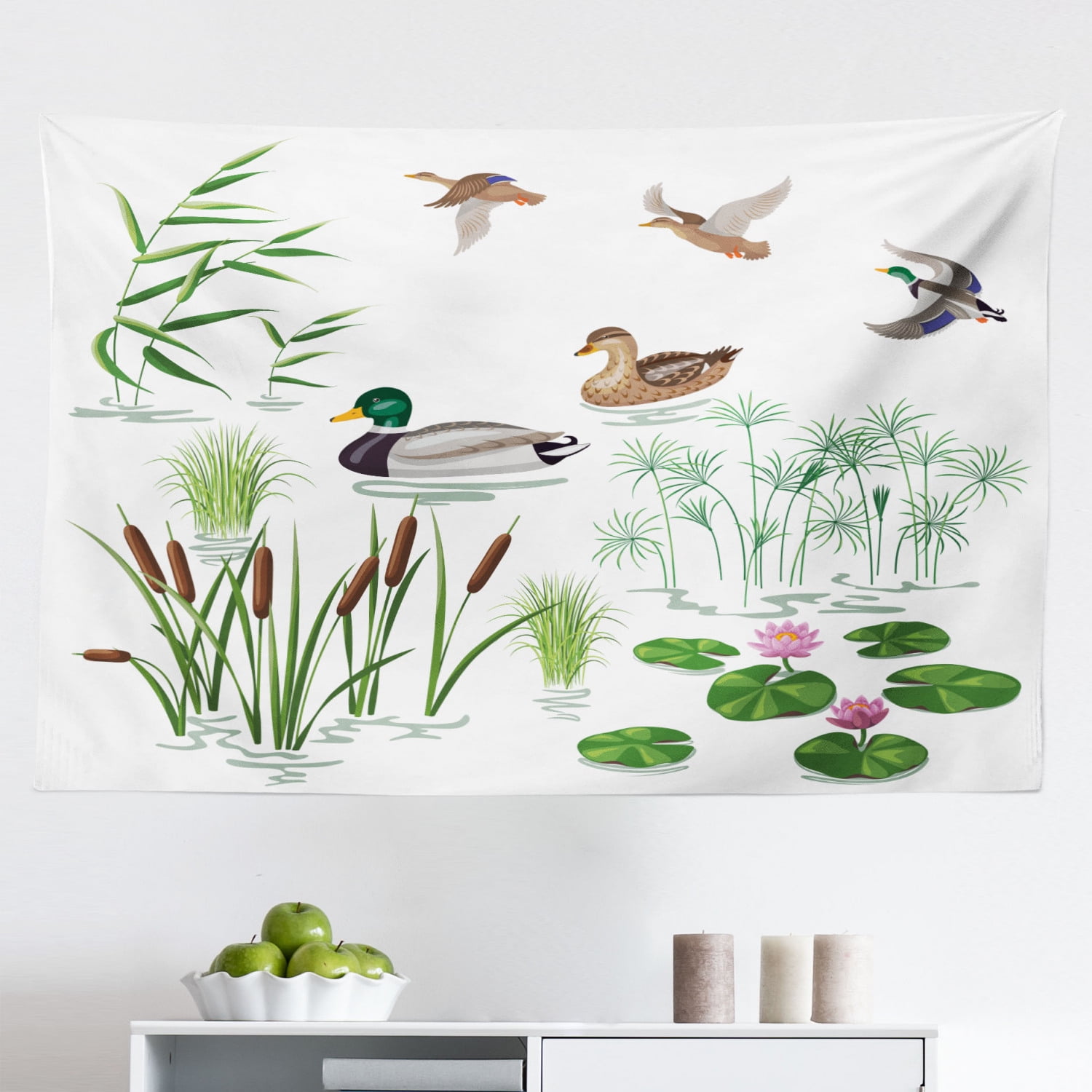 Rubber Duck Tapestry, Goose in Farm Lake Plants Grass Reeds Flowers ...