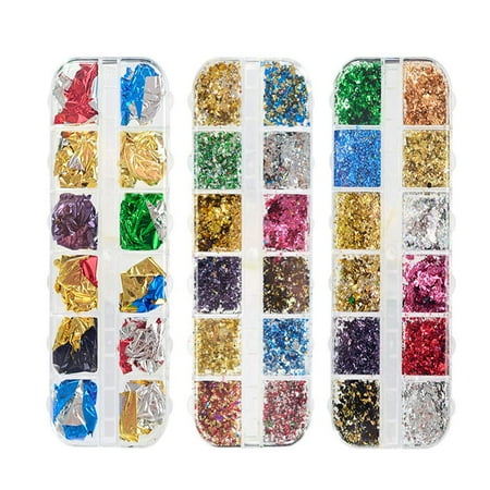 3 Box 12 Colors Holographic Nail Sequins Gold Foil Wire Non ...