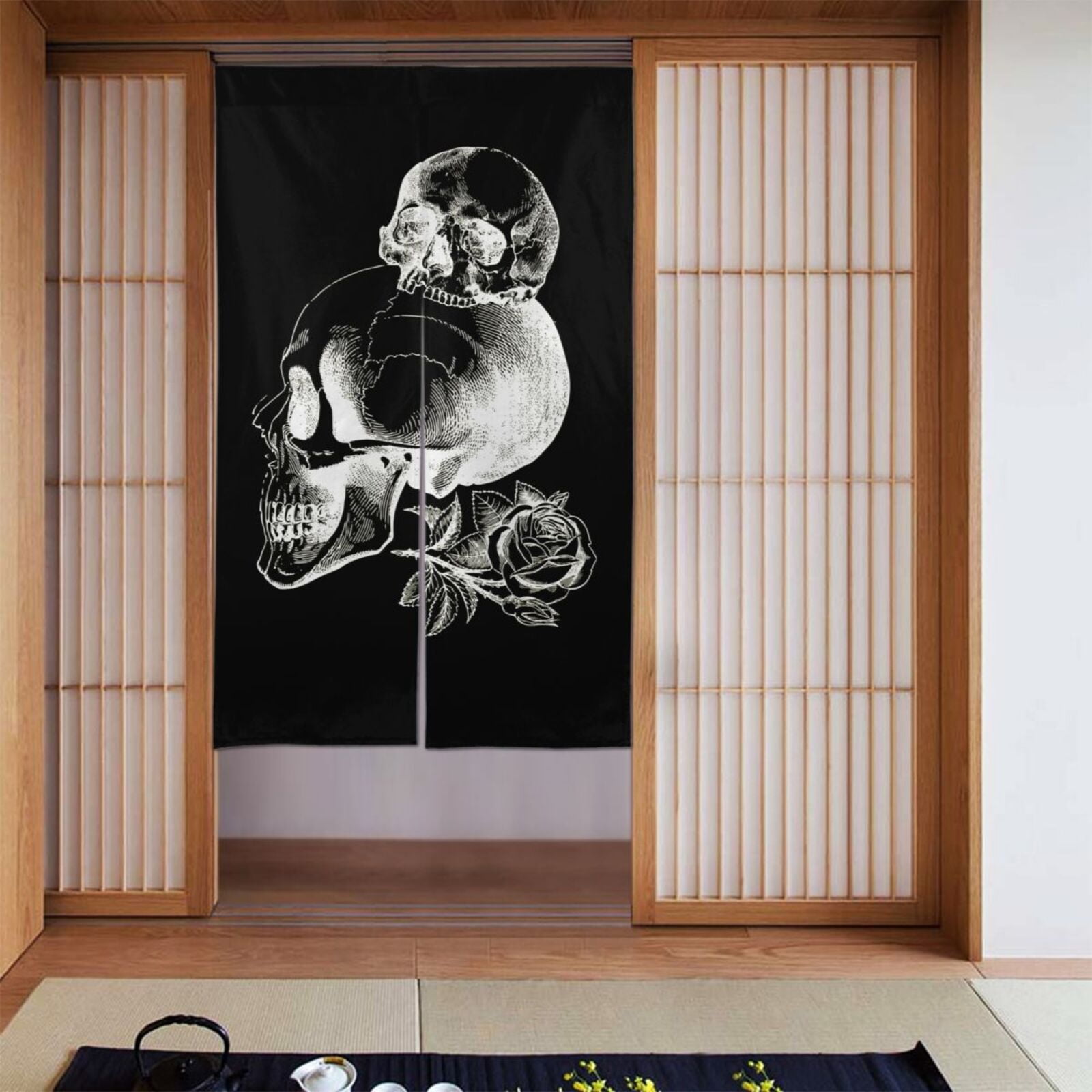 Doorway Drape Split Curtains, Death Skeleton Skull Rose Room Divider ...