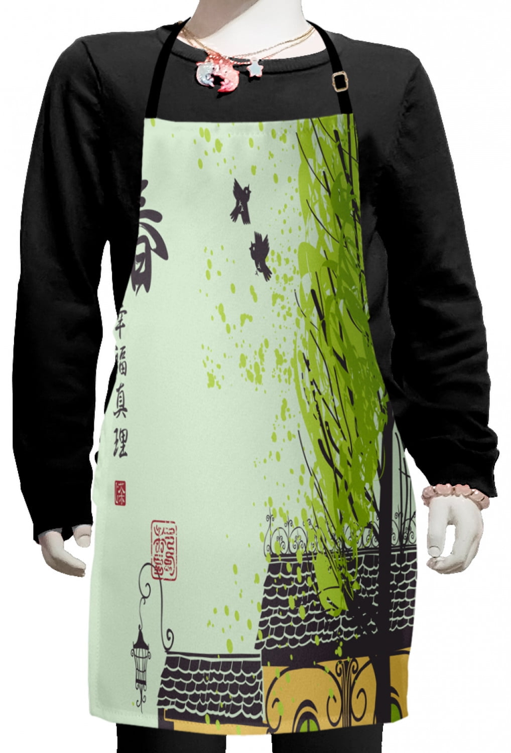 Asian Kids Apron, Landscape with Tiled Roof Tree and Birds in Chinese ...