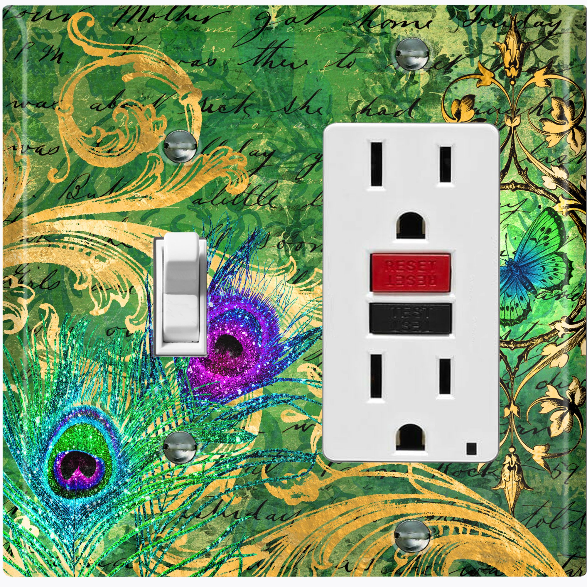Metal Light Switch Plate Outlet Cover Green Peacock Feather Butterfly ...