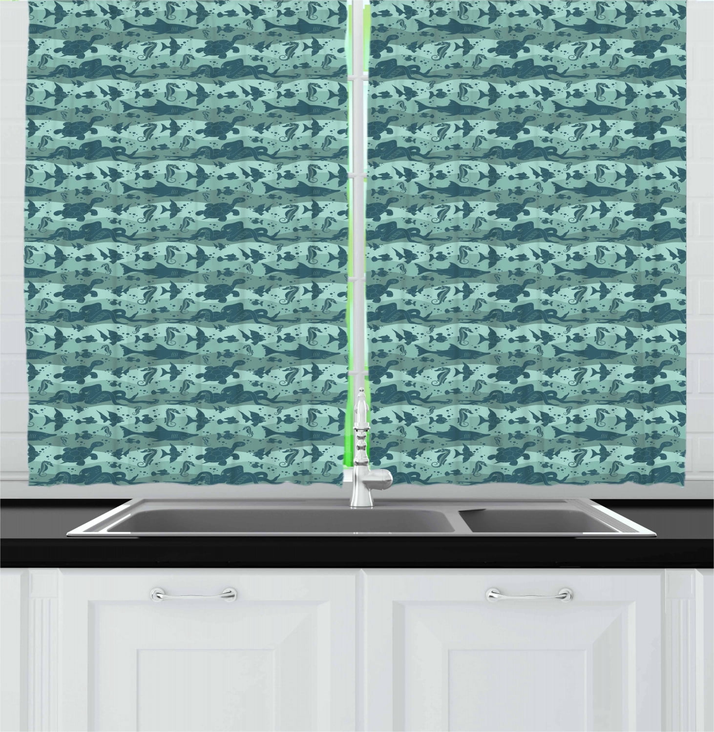 Underwater Curtains 2 Panels Set, Sea Waves Background with Sea Life ...