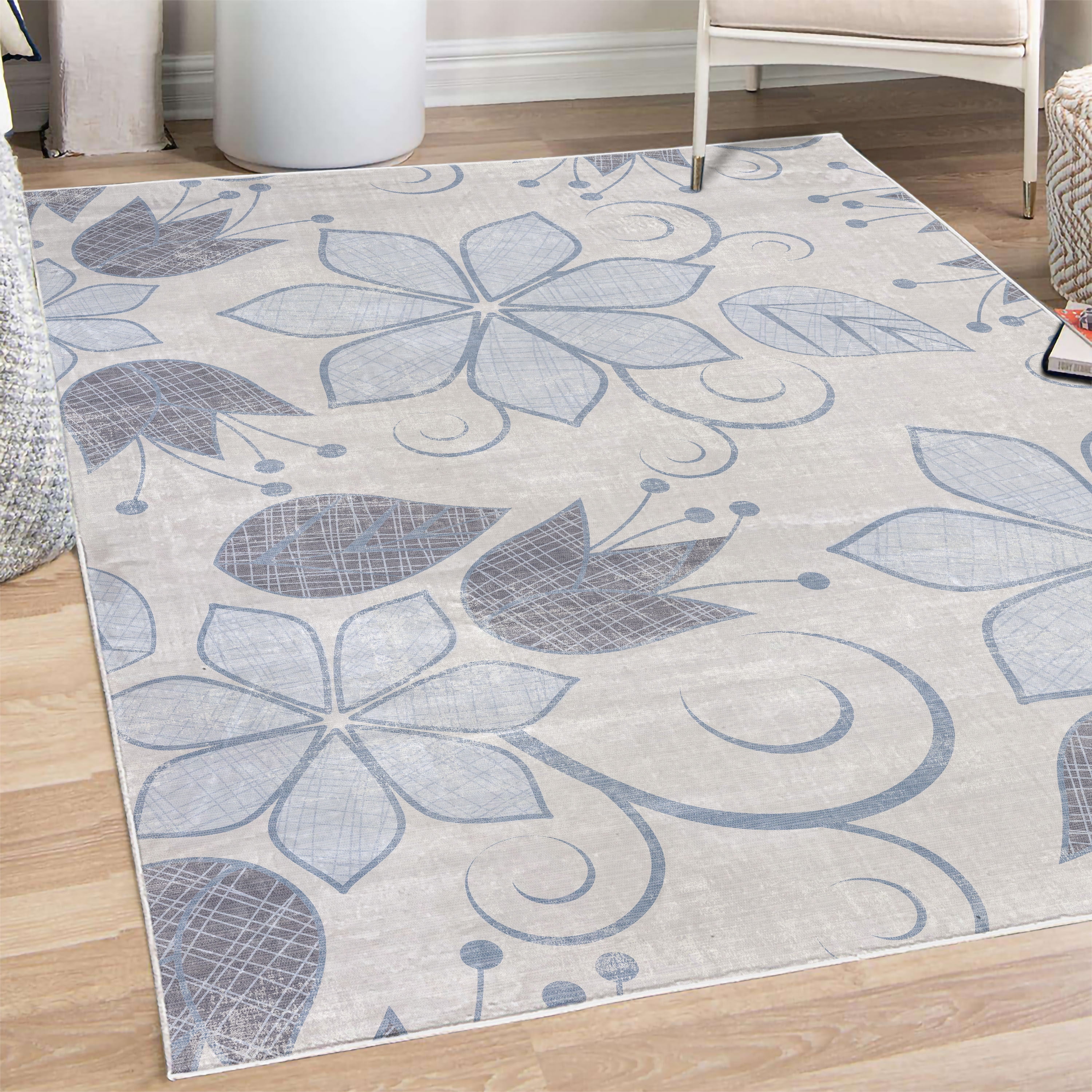 Floral Decorative Rug, Delicate Flowers with Swirling Ivy Branches ...