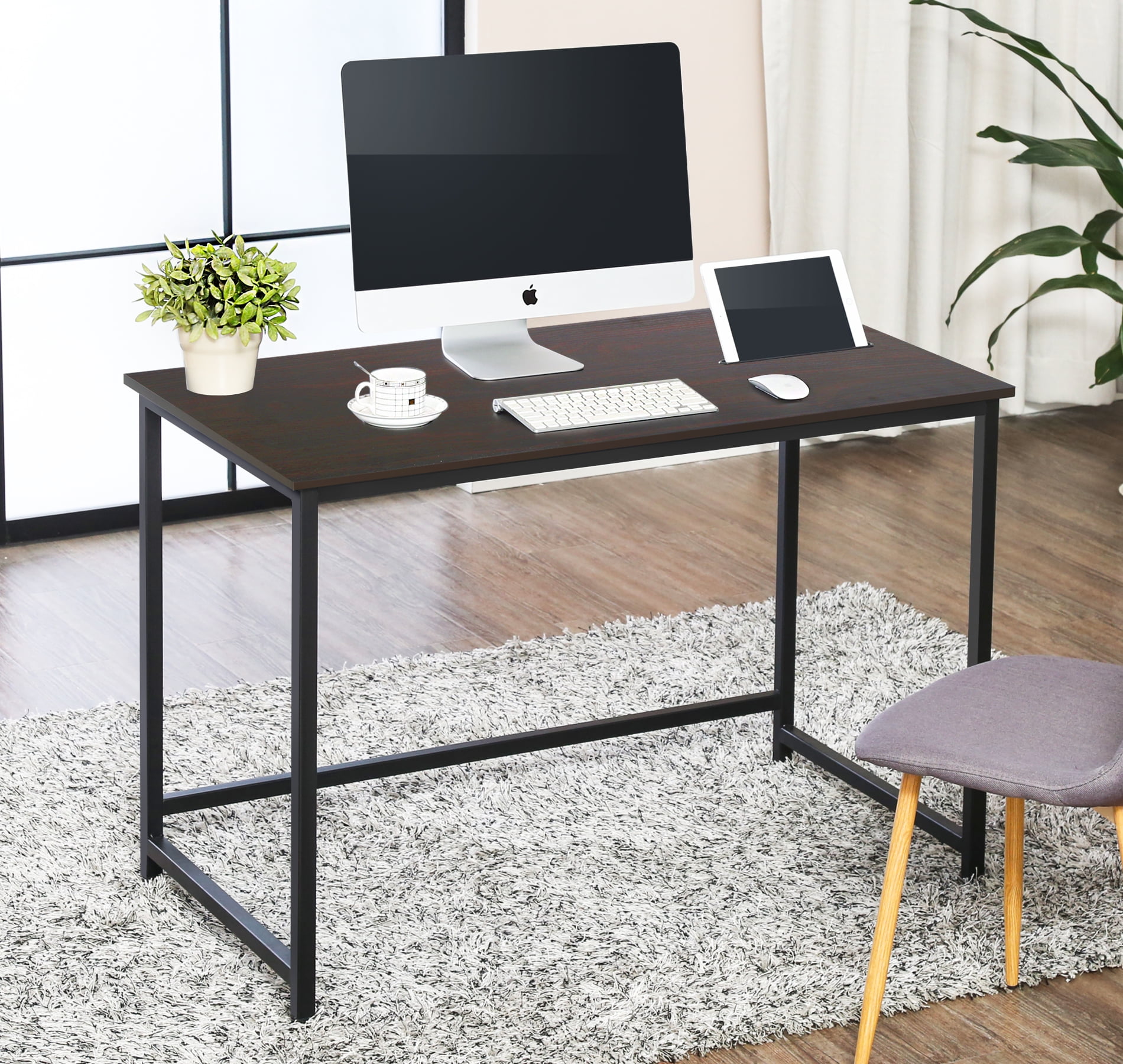FITUEYES Black Writing Desk With Slot Wood And Metal Study Computer FITUEYES Black Writing Desk With Slot Wood And Metal Study Computer