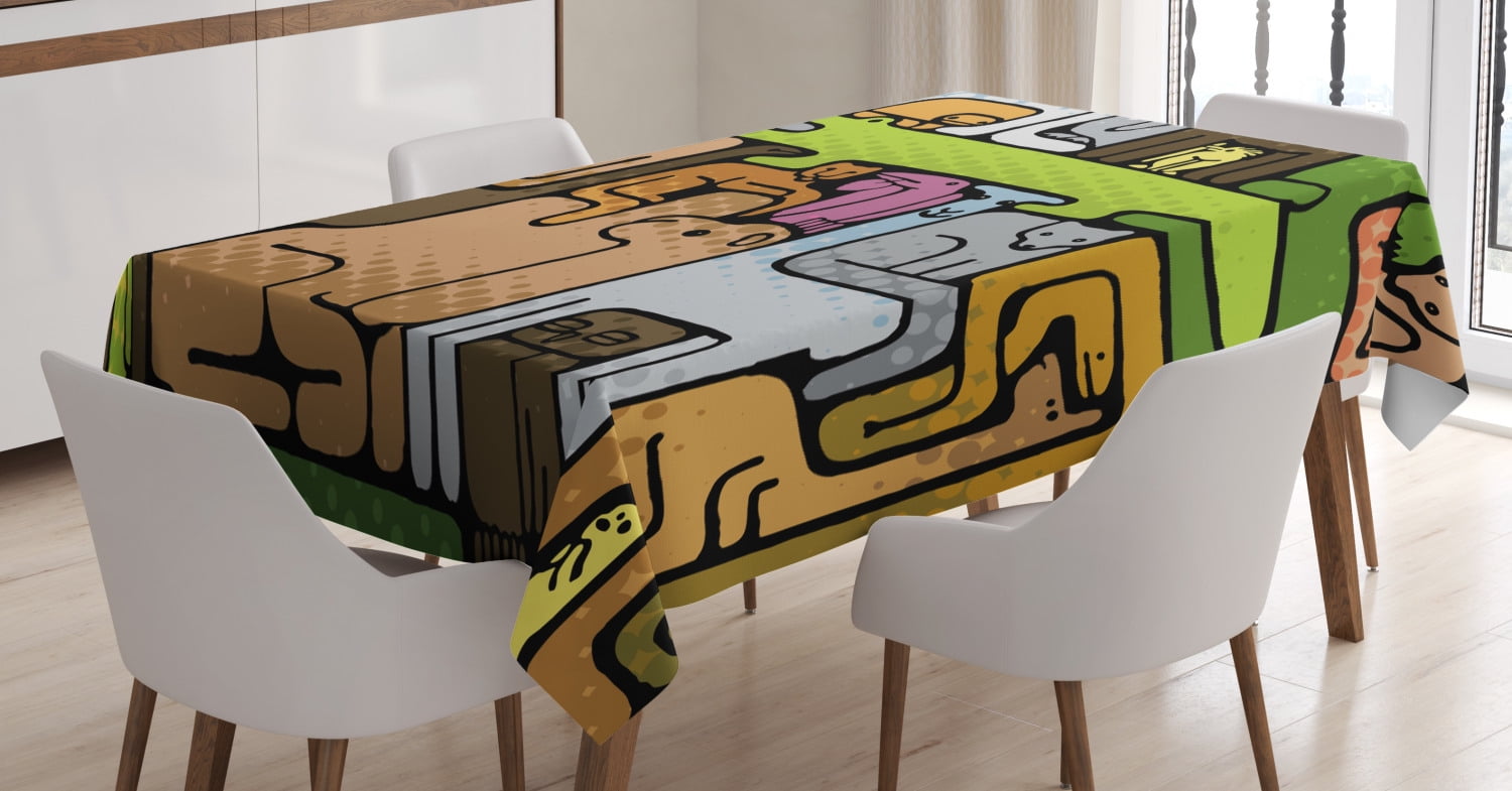 Safari Tablecloth, Animal Puzzle Goat Cat Toucan Camel Owl Flamingo ...