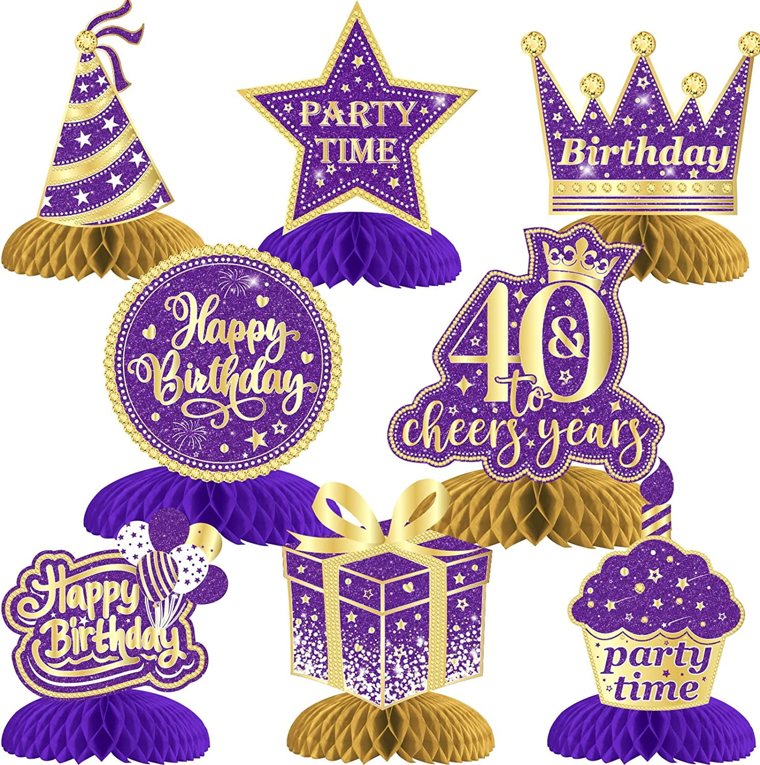 8 Pieces 40th Birthday Honeycomb Centerpieces Purple Gold Happy 40th