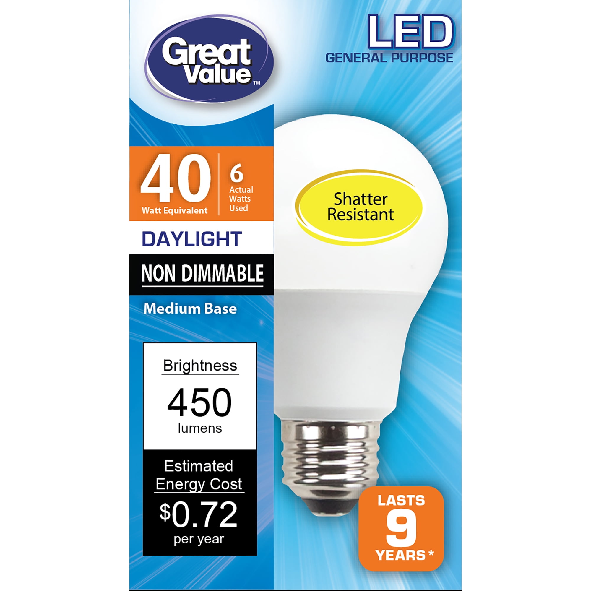 Great Value LED Light Bulb, 6 Watts (40W Equivalent) A19 General ... Great Value LED Light Bulb, 6 Watts (40W Equivalent) A19 General ...