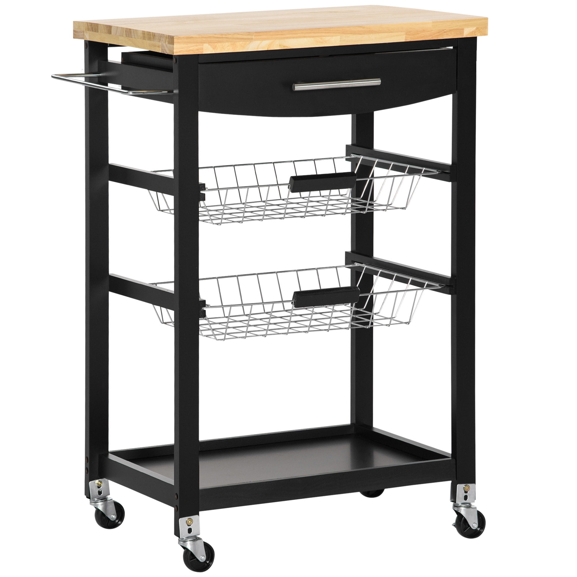 HOMCOM 3-Tier Kitchen Cart, Utility Cart with Solid Wood Top, Steel ...