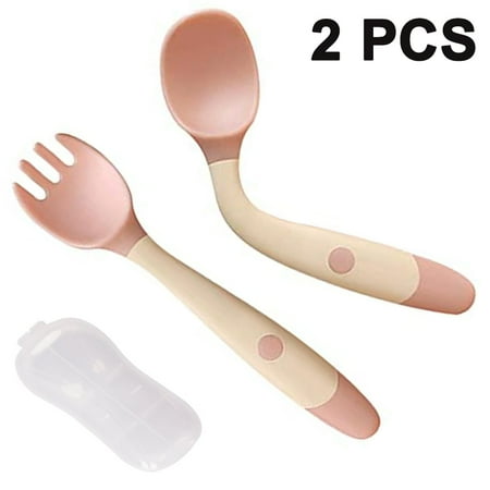 Baby Utensils Spoons Forks 2 Sets, Cute Toddlers Feeding Training Spoon and Fork Tableware Set ...
