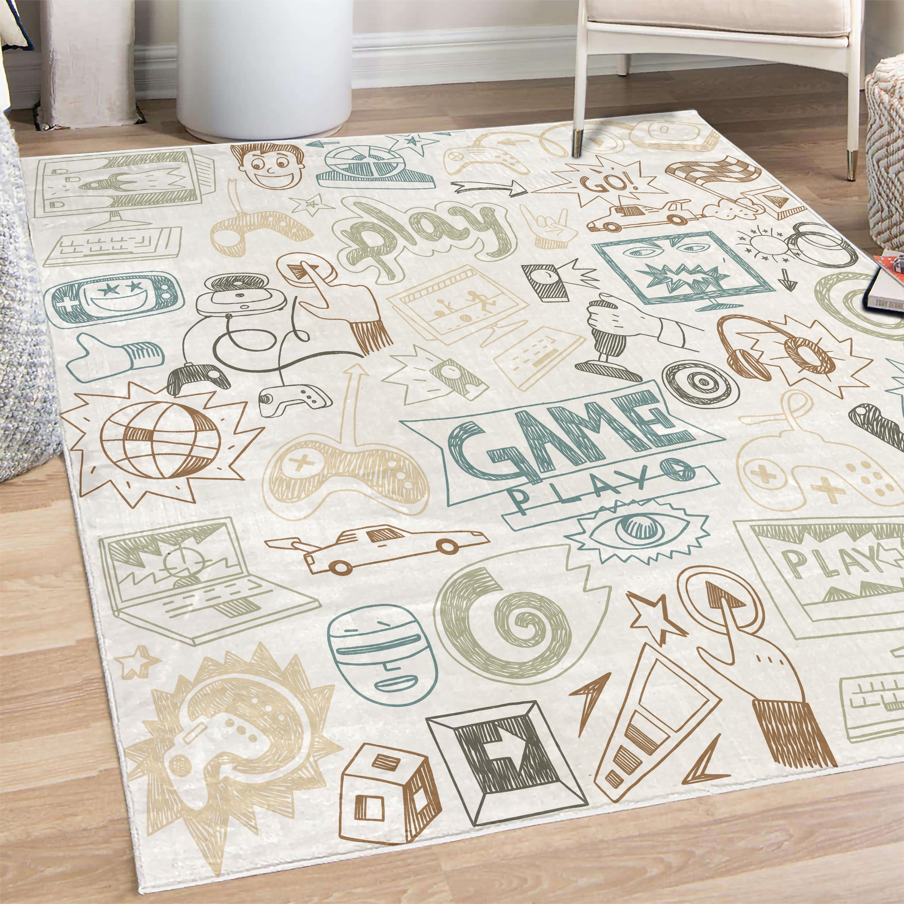Video Games Decorative Rug, Monochrome Sketch Gaming Design Racing ...