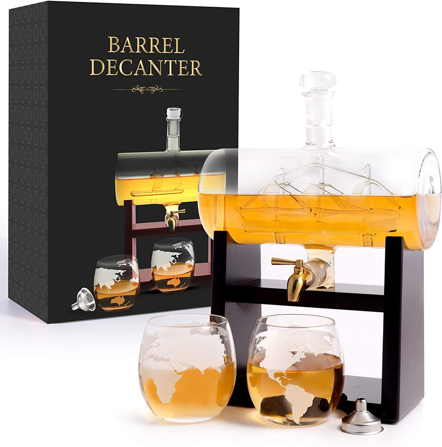 Barrel Decanter Set 1160ml Barrel with Ship Gold Faucet Glass Spout ...