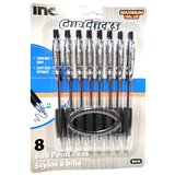 INC 8 CLIP-CLICKS COMFORT GRIP BALL POINT PENS 8 Black Body with Black ...