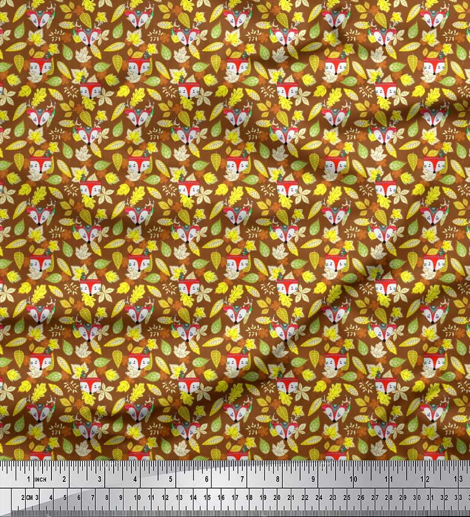 Soimoi Satin Silk Fabric Leaves,Feather & Fox Face Cartoon Print Fabric ...