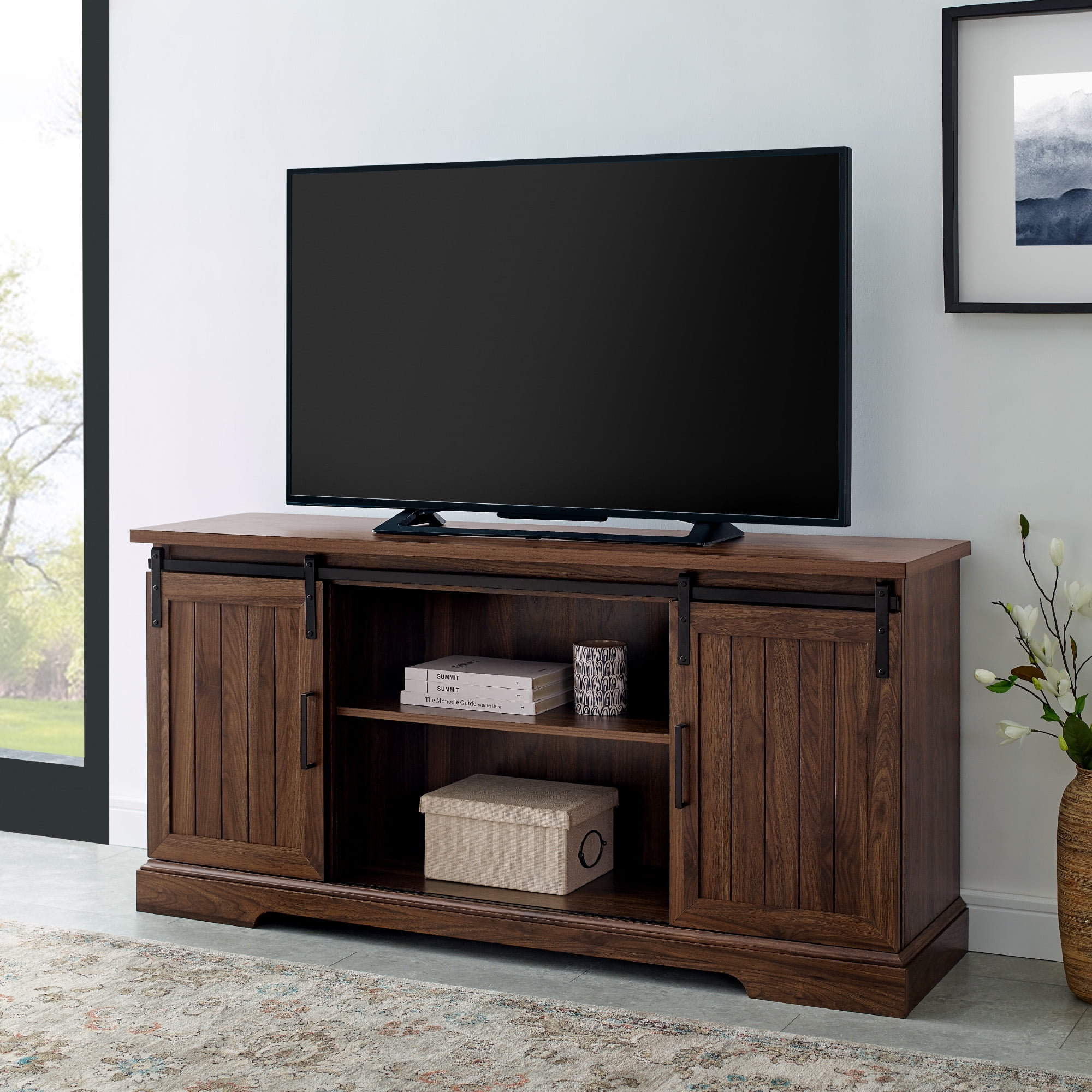 Manor Park Grooved Sliding Door TV Stand for TVs up to 65", Dark Walnut ...
