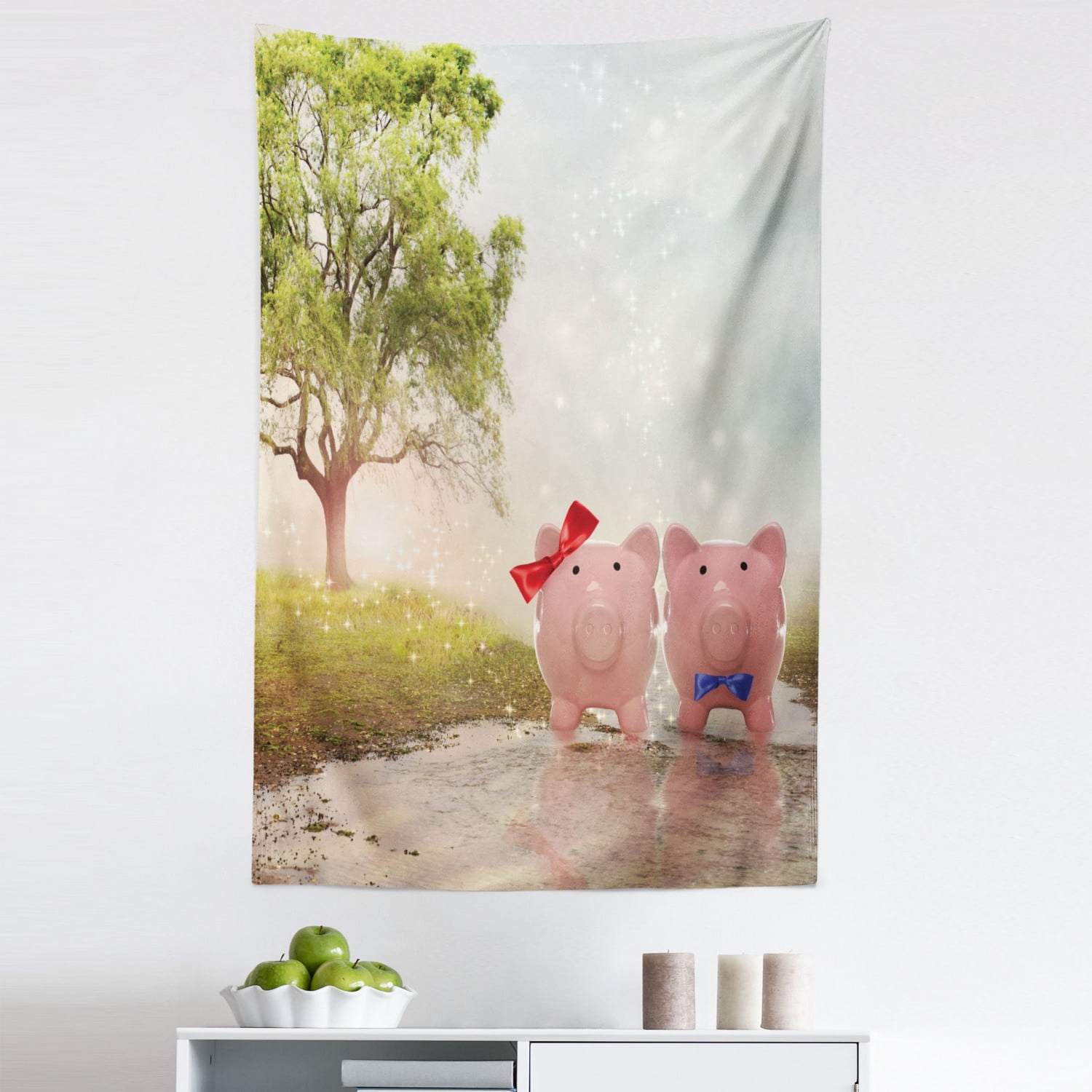 Love Tapestry, Pigs with Ribbon Accessories Botanical Trees Clear Sky ...
