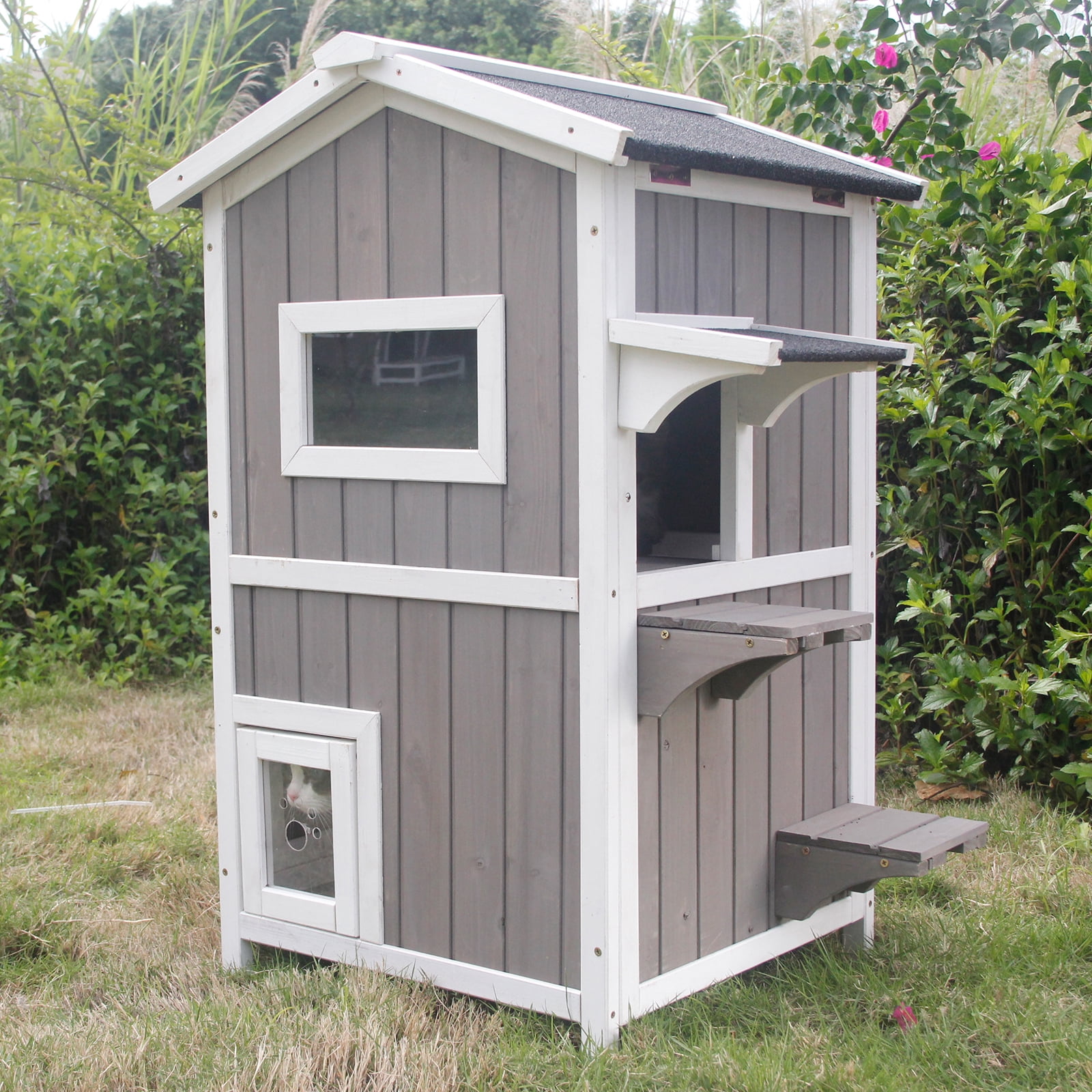 PetsCosset 27.3'' Cat House Outdoor with View Door, Wood Feral Cat ...