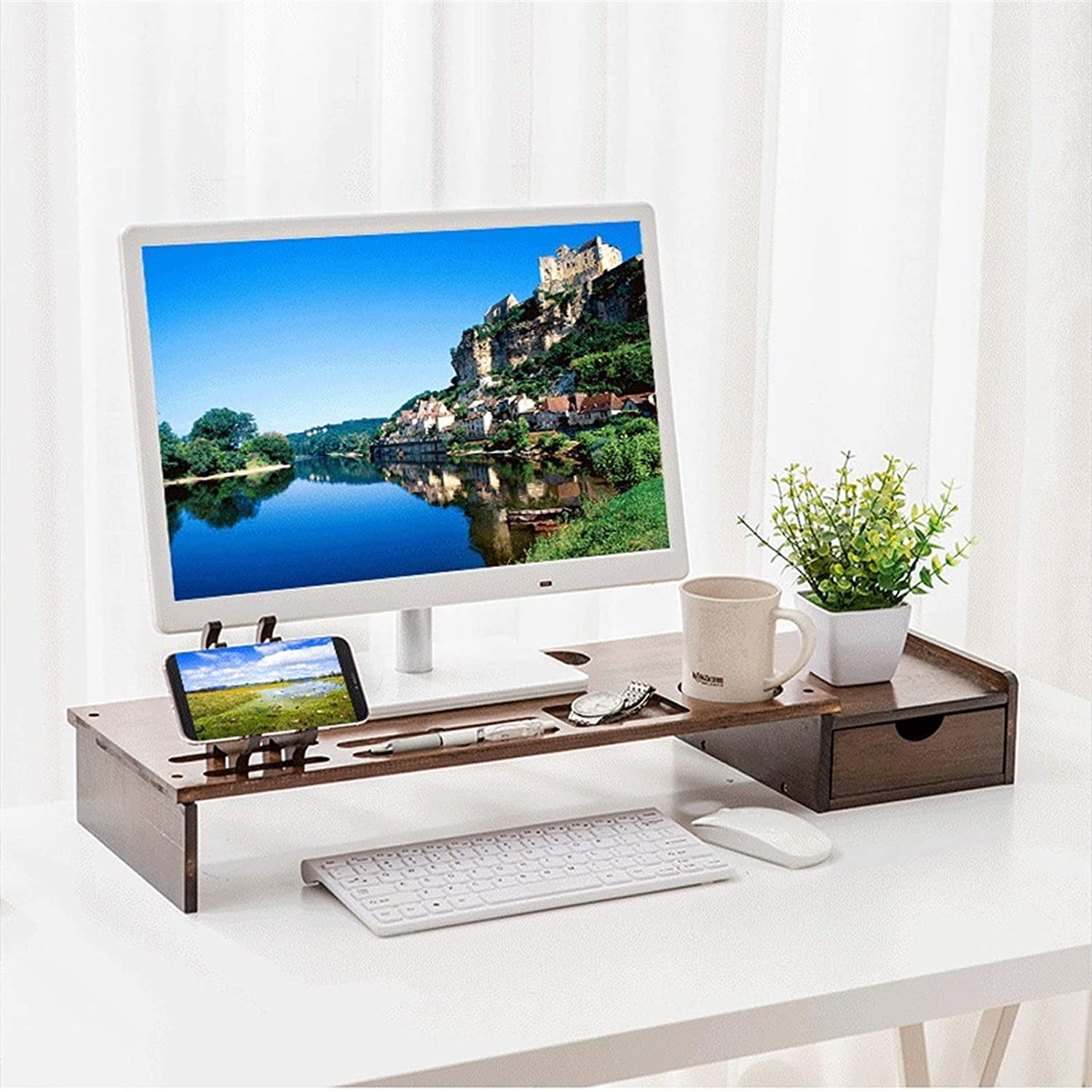 Wooden Monitor Stand With Smart Phone Holder Slot And Multi-Purpose ...