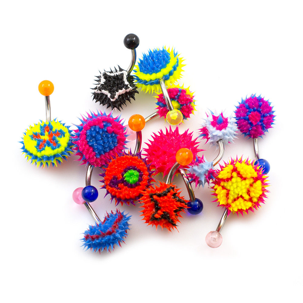 Belly Button Ring Package of 12 with Random Silicone Spike Design ...