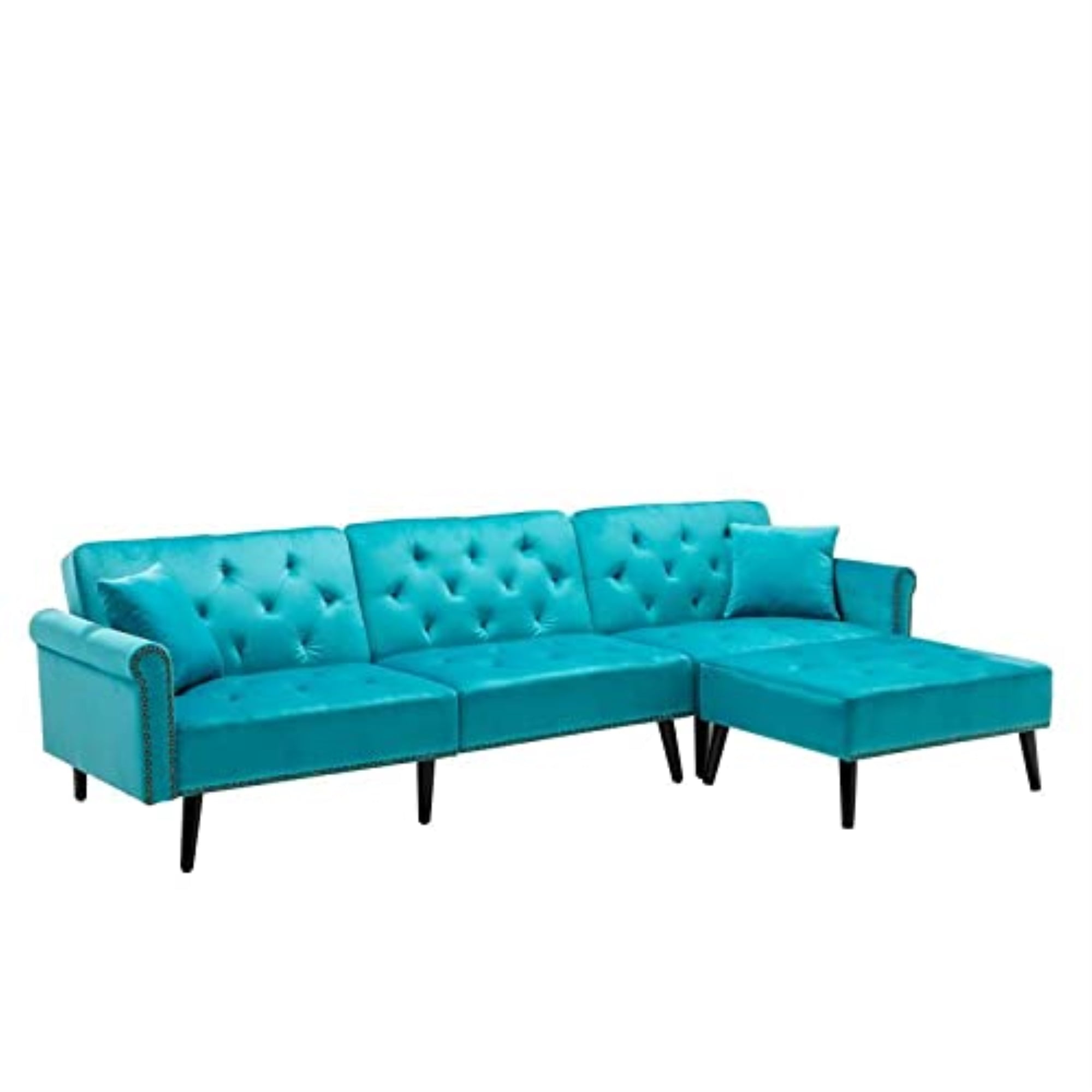 Piper Light Blue Velvet Sofa Bed with Ottoman and 2 Accent Pillows ...