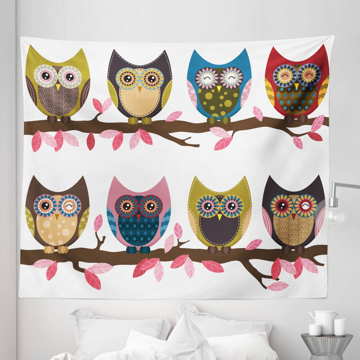 Owls Tapestry, Group of Owls Facial Expressions Winking Smiling Vintage ...
