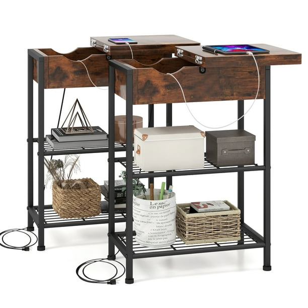 Topbuy 2PCS End Table with Charging Station Flip Top Side Table with ...