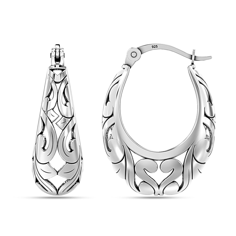 LeCalla 925 Sterling Silver Jewelry Light-Weight Click Top Oval Filigree Hoop Earrings for Women ...