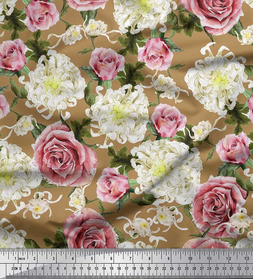 Soimoi Brown Silk Fabric Leaves,White Floral & Rose Flower Print Fabric ...