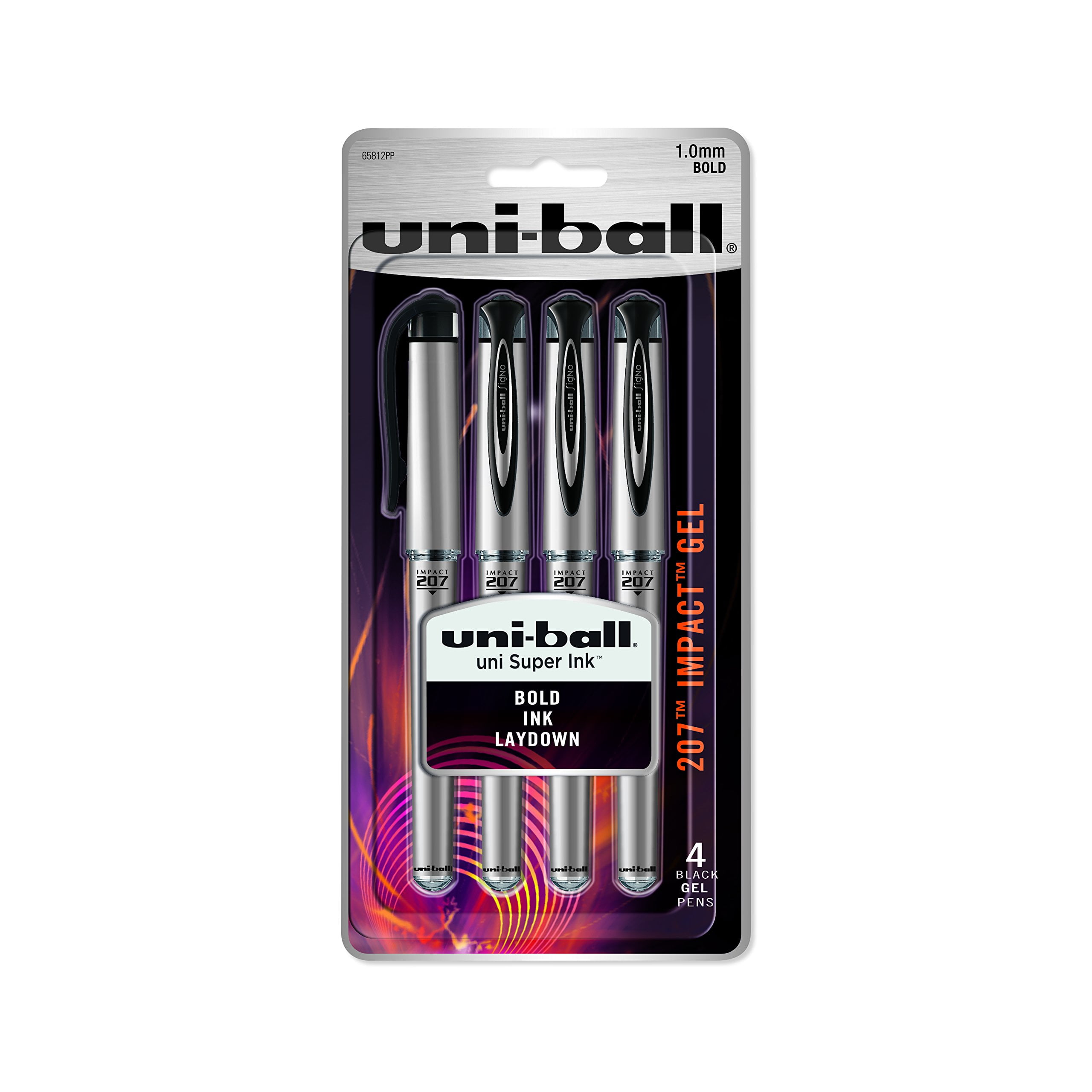 Uni Ball 207 Impact Gel Pens Bold Point 10mm Black 4 Count