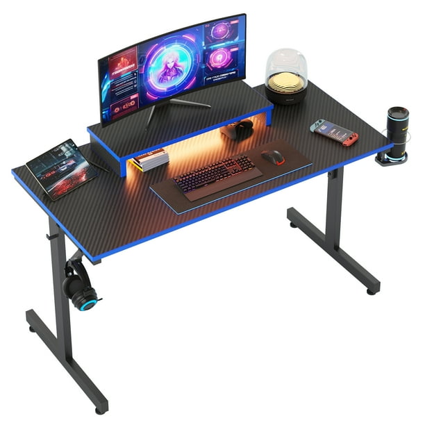 Bestier 42 Gaming Desk PC Computer Table with LED Lights Monitor Stand Hook Cup Holder in Blue
