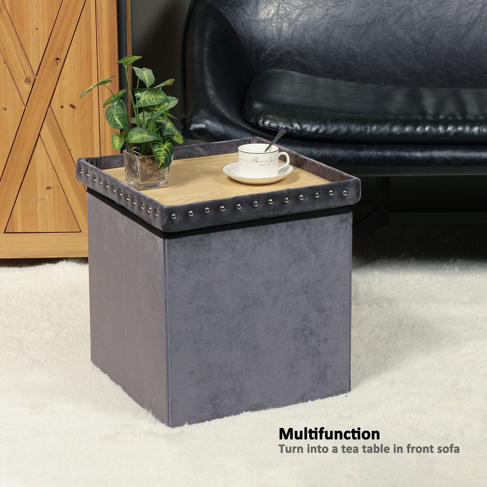 PINPLUS 15.7" Grey Velvet Folding Storage Ottoman Cube, Small Foot Rest ...