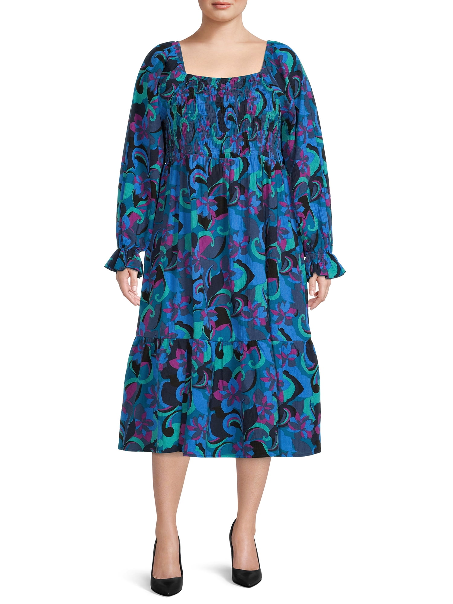 Terra & Sky Women's Plus Size Square Neck Peasant Dress - Walmart.com