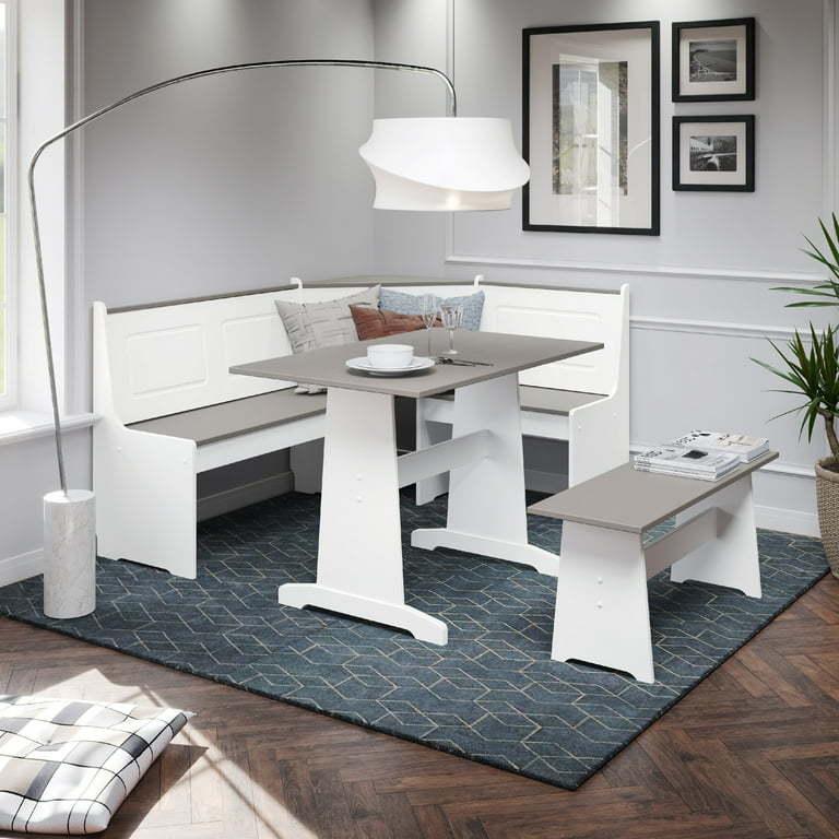 Linon Ardmore Indoor Farmhouse Corner Dining Breakfast Nook with Table and Storage Seats 5 White Gray