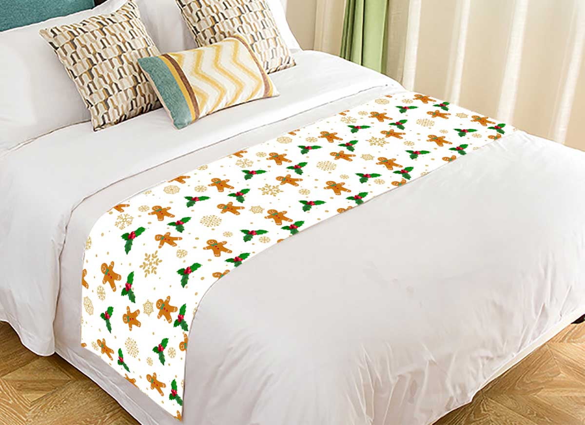 PKQWTM Christmas New Year holly gingerbread man white Bed Runner ...