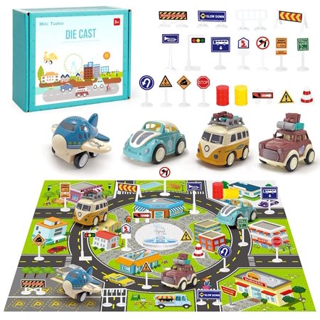 Diecast Car Toy,Cartoon Push & Go Vehicle Toy,4 PCS Friction Powered w ...