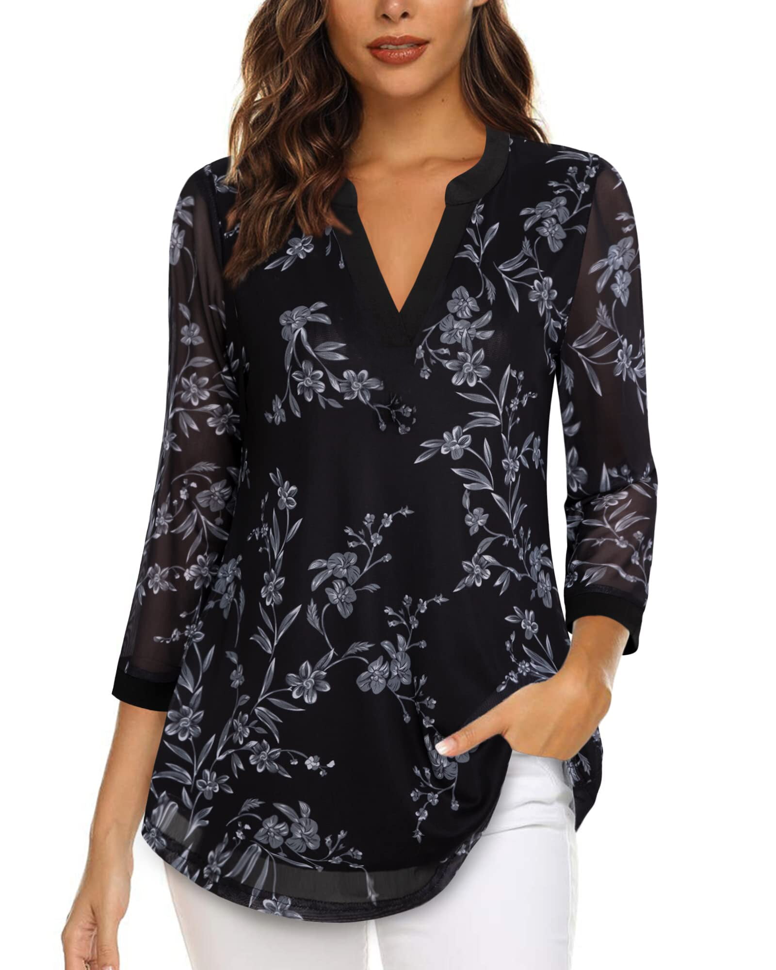 Fantaslook Womens Blouses Floral 3 4 Sleeve Blouse V Neck Dressy Shirts