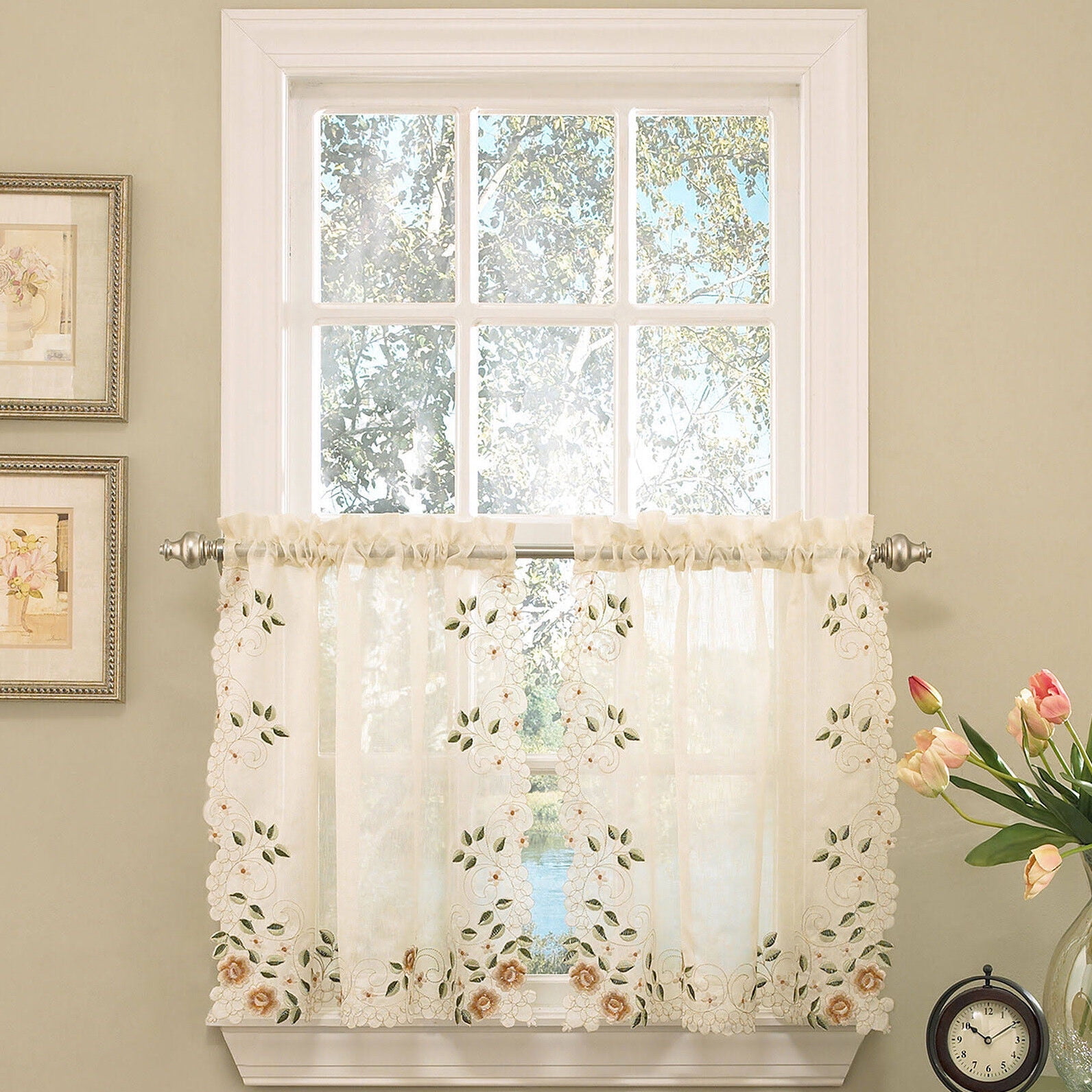 Floral Embroidered Semi-Sheer Linen Kitchen Curtain Choice Tier Valance ...