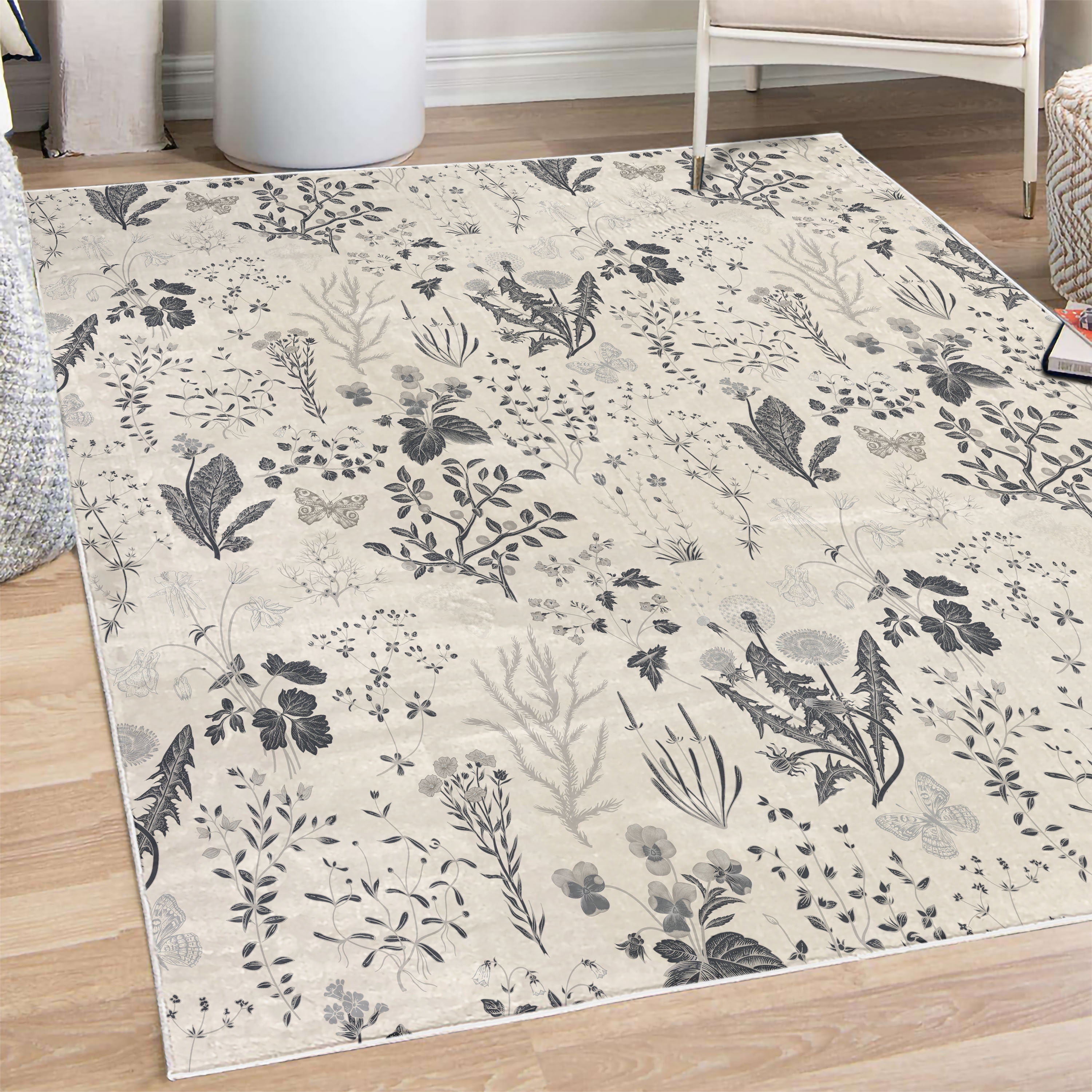 Floral Decorative Rug, Vintage Garden Plants Herbs Flowers Botanical ...