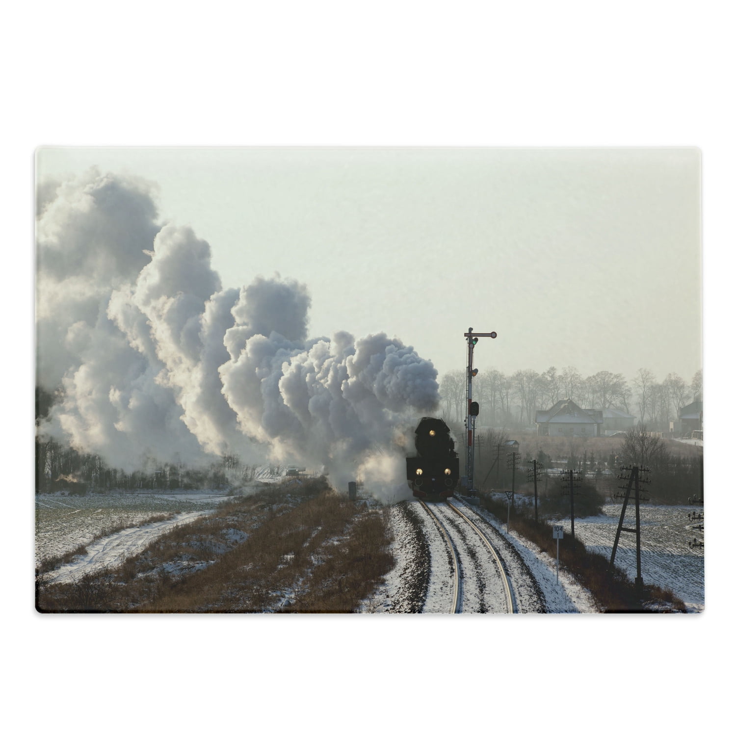 Steam Engine Cutting Board, Train on Rails Winter Snow Landscape Steel ...