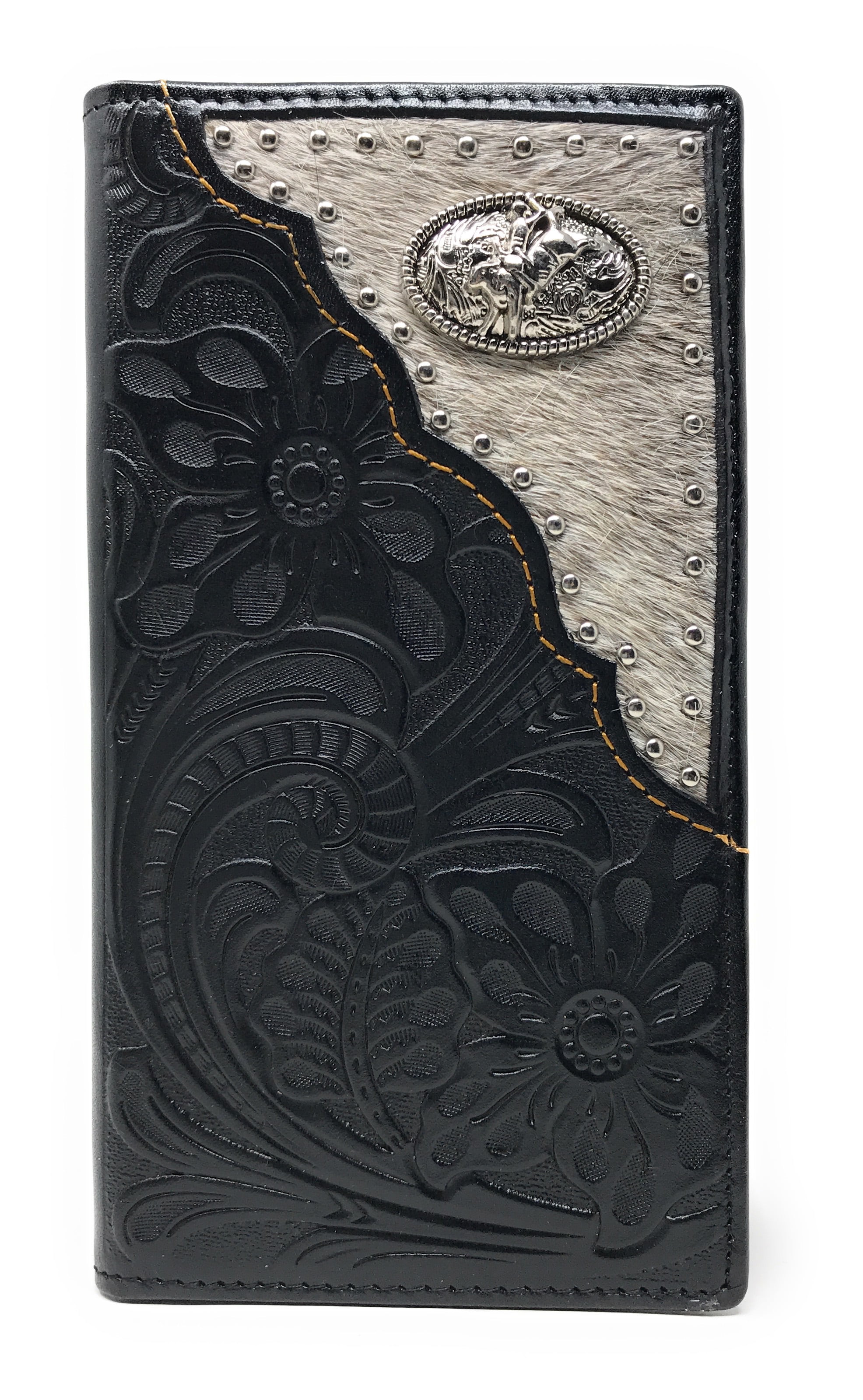 Western Tooled Genuine Leather Cowhide Cow fur Rodeo Men's Long Bifold ...