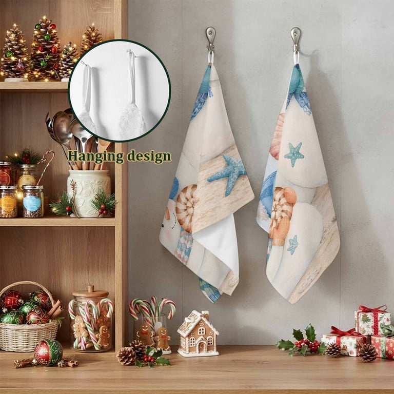3 Pack Christmas Kitchen Towels Coastal Blue Snowman Family Seashell ...