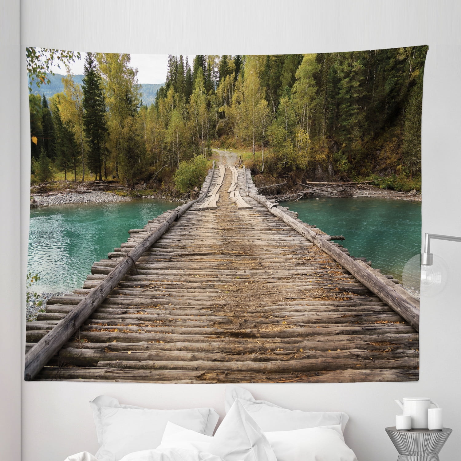 Rustic Tapestry, Old Wood Bridge over River Belaya Berel and Evergreen ...